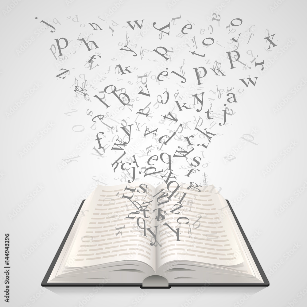 Open book with flying letters on a white background, education art ...