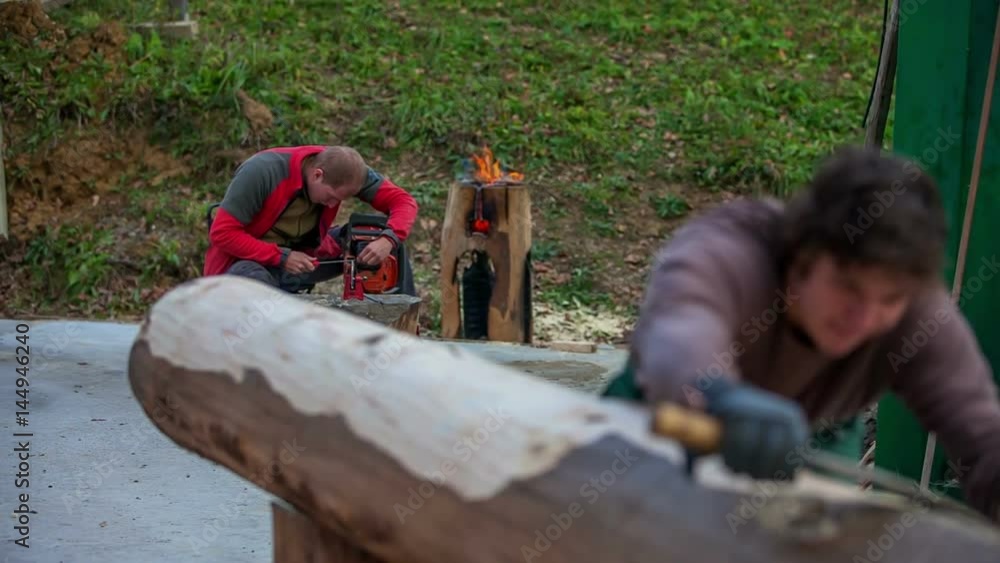Video Stock Two young foresters are working. One is chiselling a tree ...