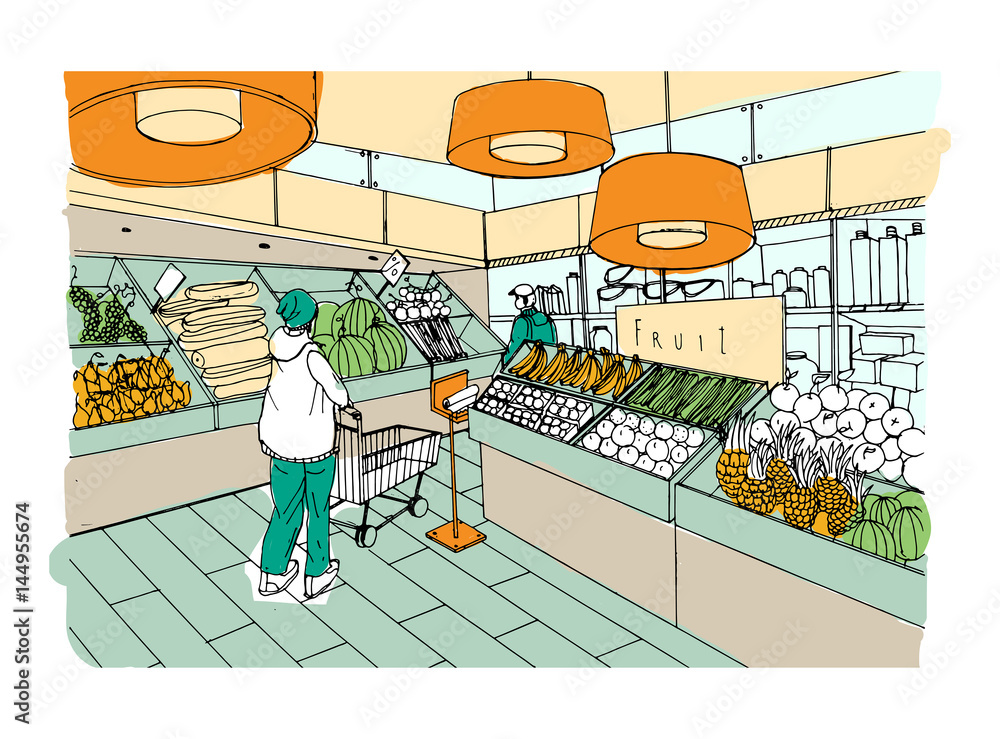 Supermarket interior hand drawn colorful illustration. Grocery store ...