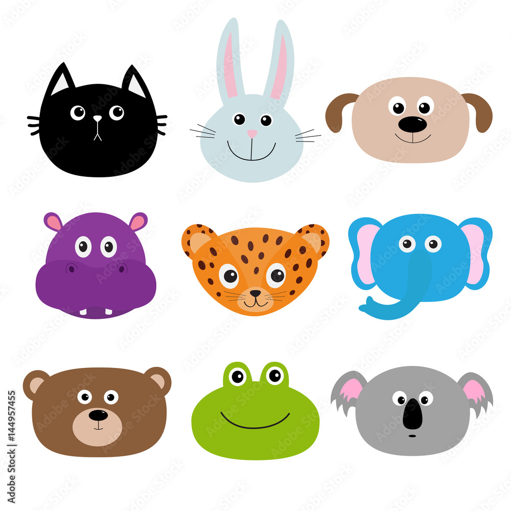 Zoo animal head face. Cute cartoon character set. Baby children ...