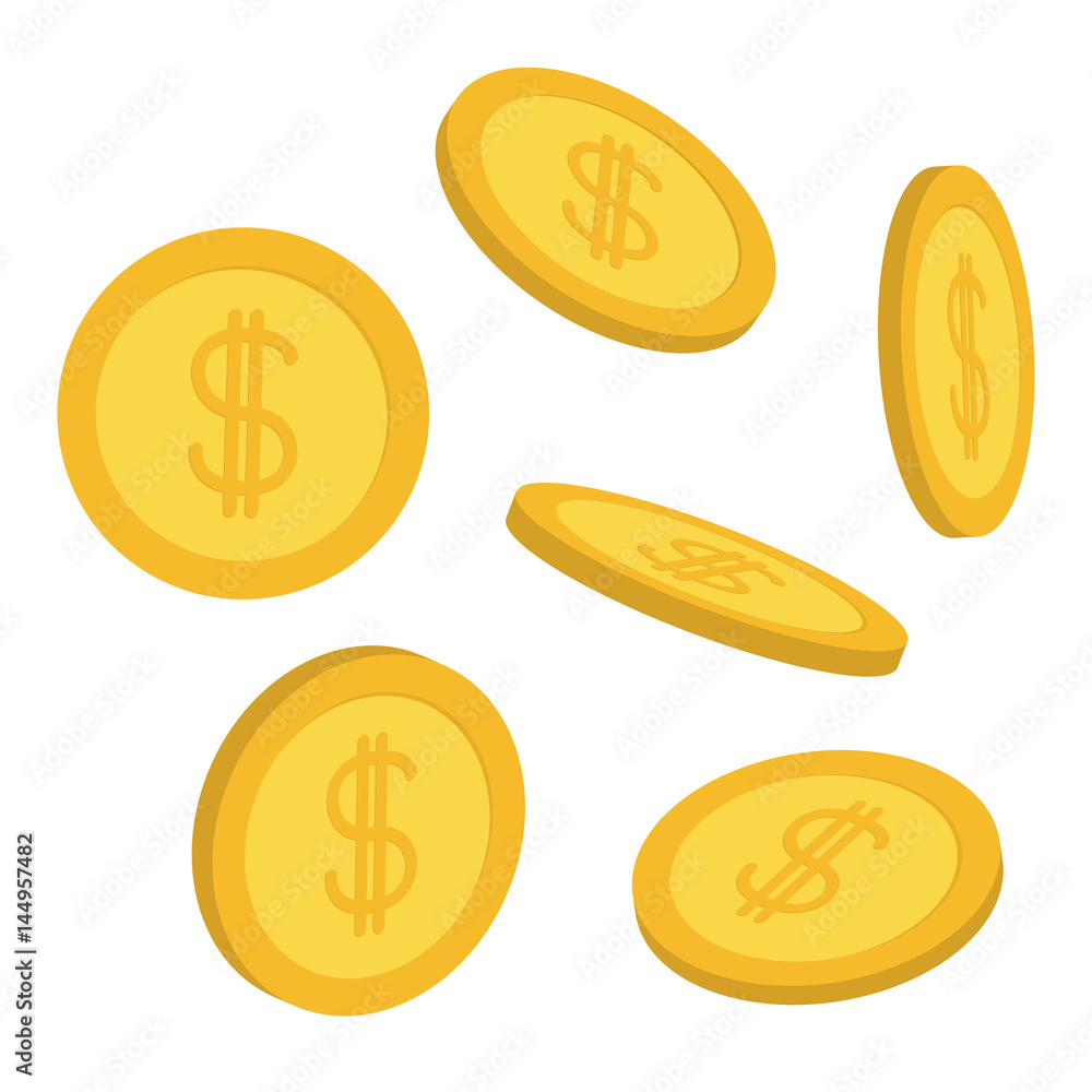 Gold coin 3D icon set. Flying falling down cash money rain. Dollar sign ...