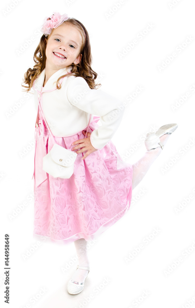 Adorable smiling little girl in pink princess dress isolated Stock ...