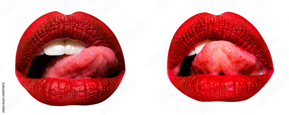 Beautiful lips collection with sexy tongue. Beautiful make-up closeup ...