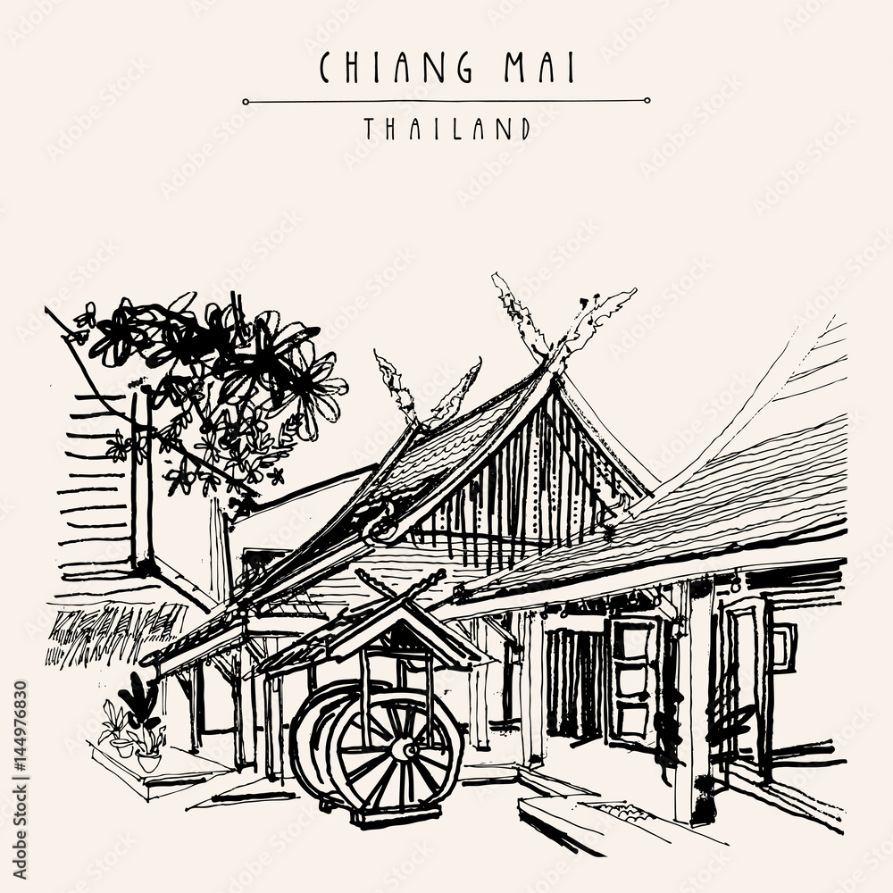 Chiang Mai, Thailand. Traditional Thai houses. Vintage hand drawn ...