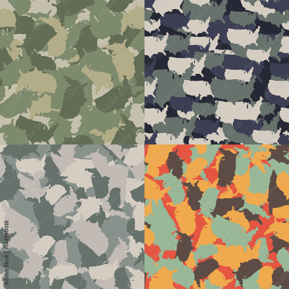 Set of USA shape camo seamless pattern. Colorful America urban ...