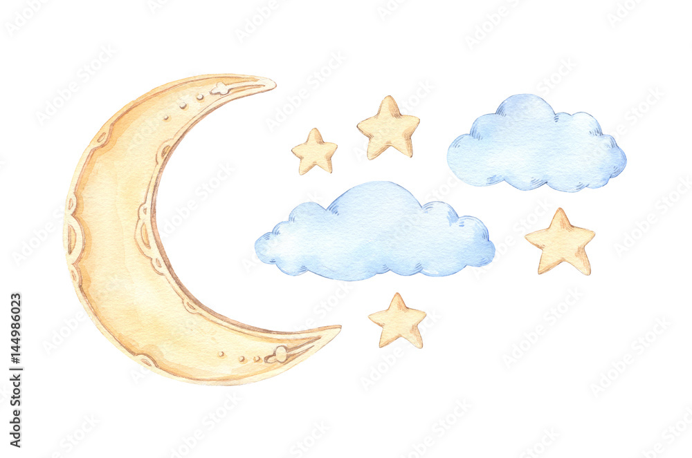 Hand Drawn Watercolor Illustration Good Night Sleeping Moon Stars