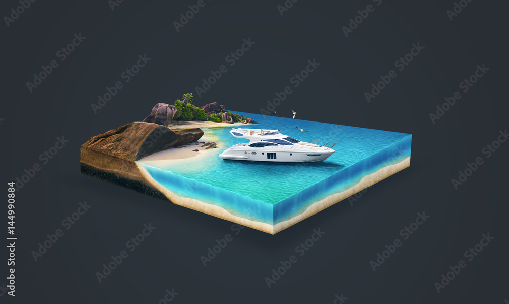3d illustration of a soil slice, Yacht on the beach, ocean traveling ...