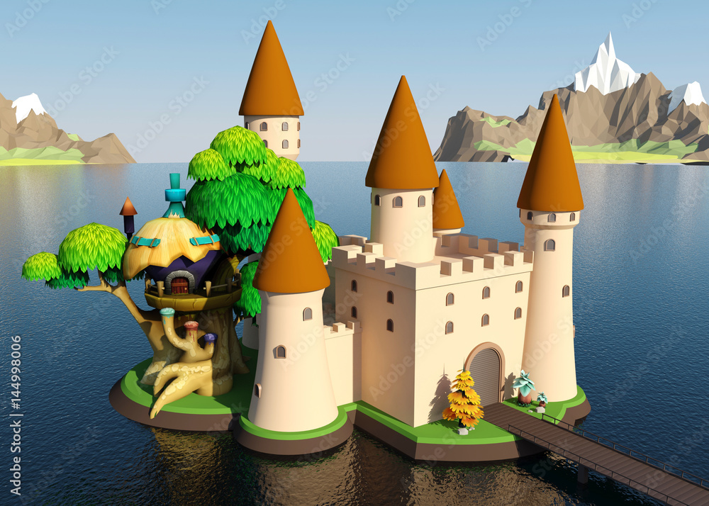 Cartoon medieval castle on island with beautiful landscape, 3D ...