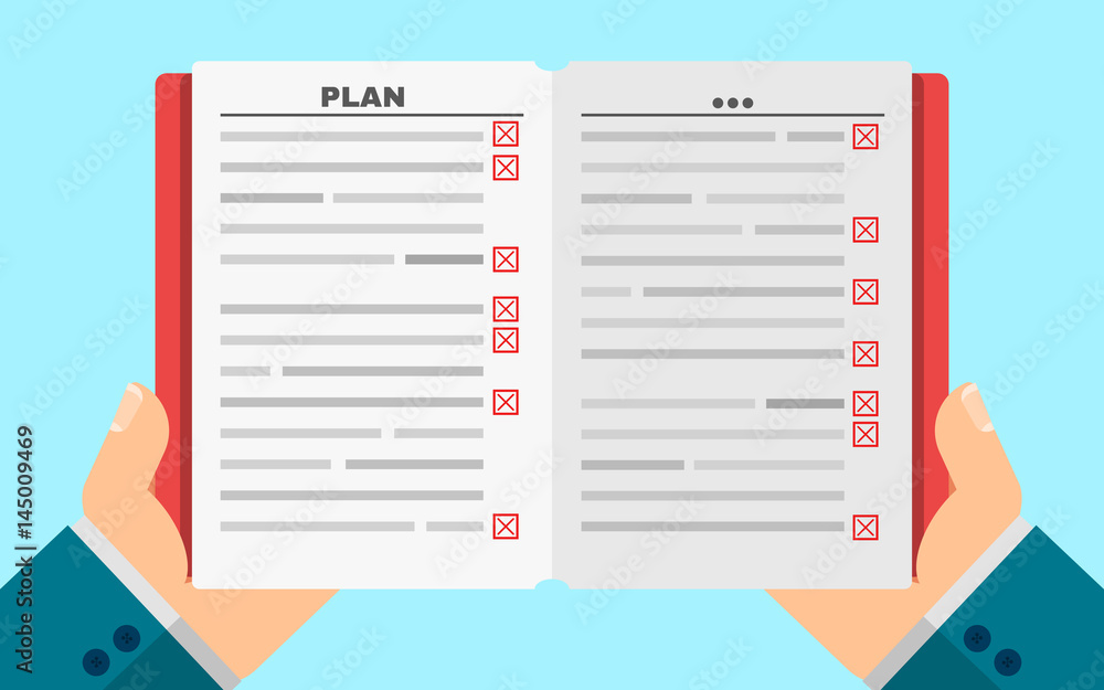 Business man holds a filled diary in hands. Business plan. Red negative ...