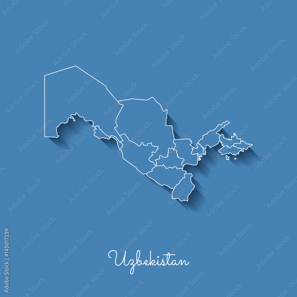 Uzbekistan region map: blue with white outline and shadow on blue ...