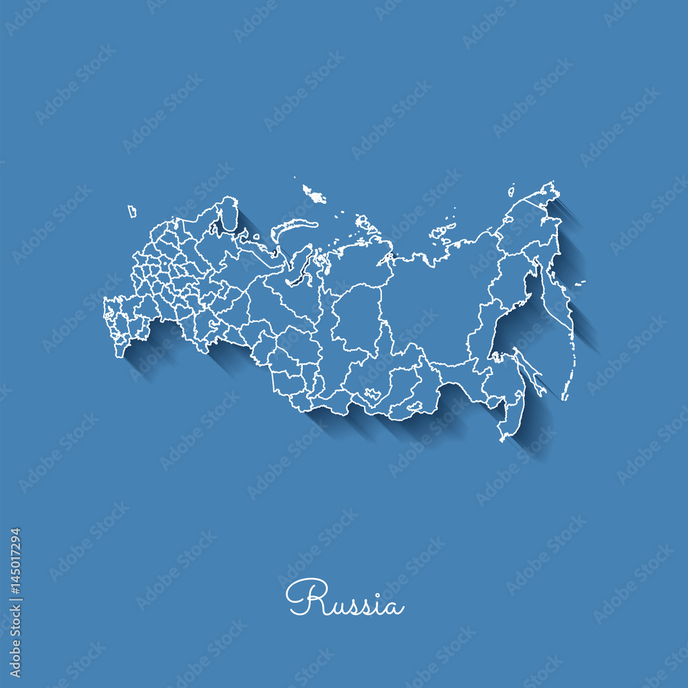 Russia region map: blue with white outline and shadow on blue ...