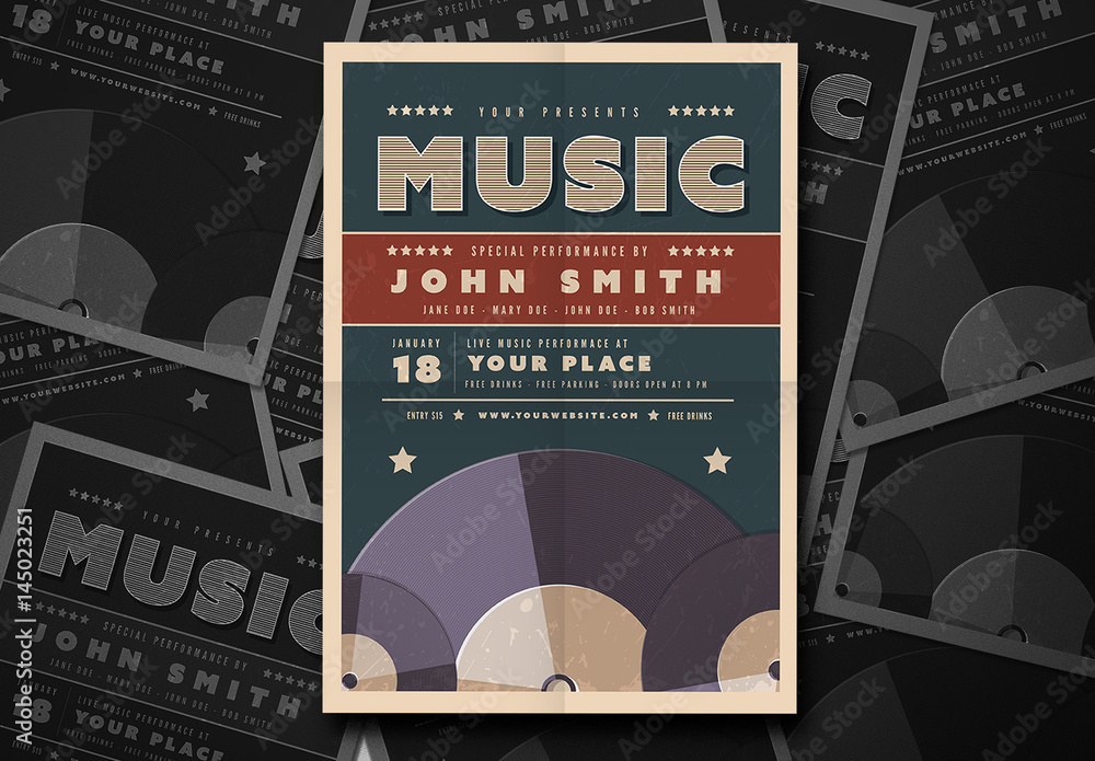 Live Music Event Flyer with Record Illustration 2 Stock Template ...