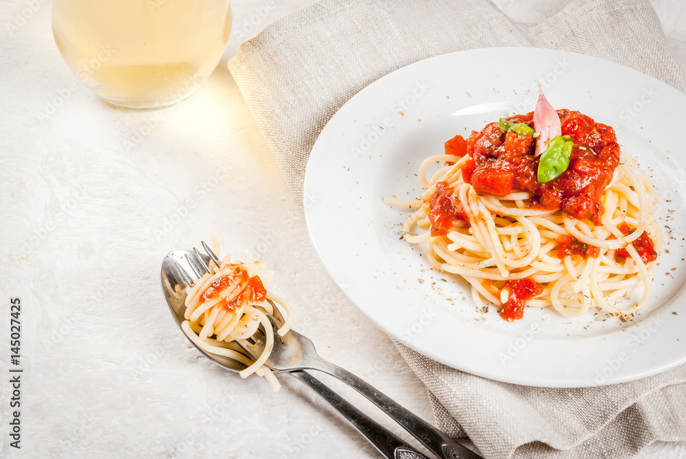 Italian cuisine. Lunch or dinner. A serving of spaghetti pasta with ...