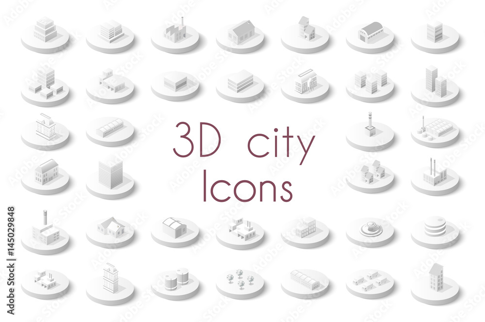 Set of isometric city icons. Three-dimensional signs and symbols on ...