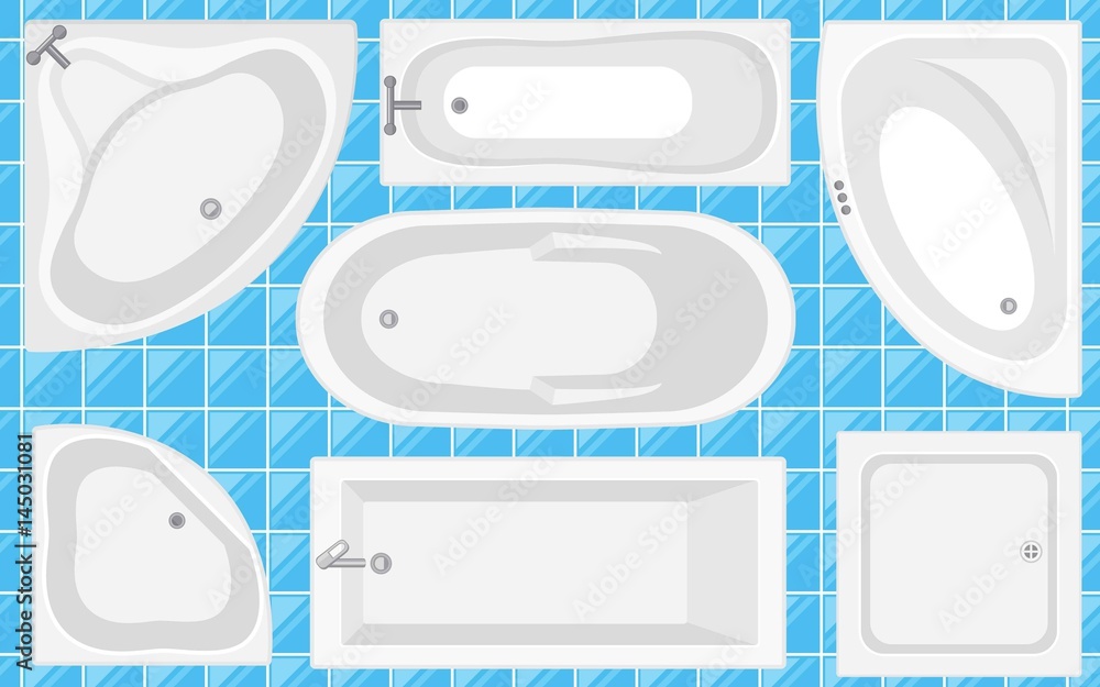 Bathtub top view collection.Vector illustration in flat style. Set of ...