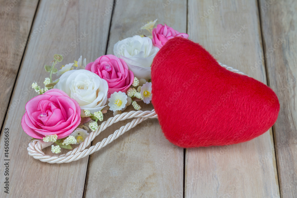 Red heart and flower wooden background Stock Photo | Adobe Stock