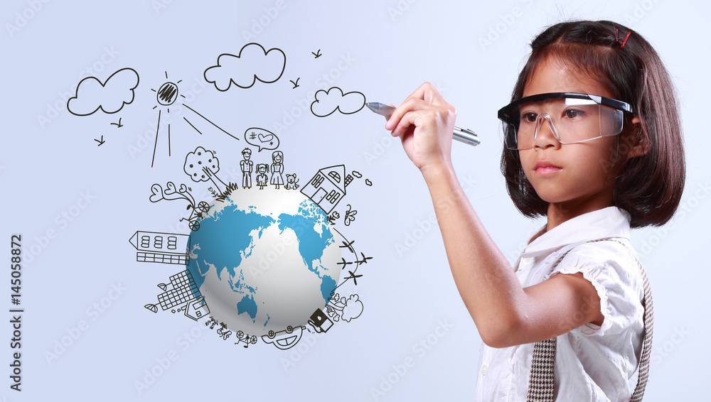 Little girl creative drawing on world map environment with happy family ...