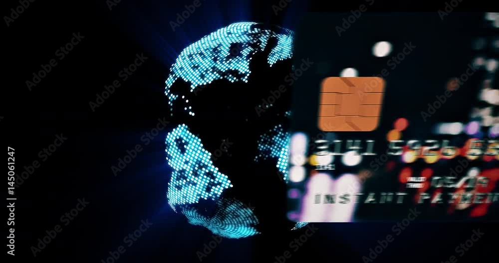 Bank Card / Instant Payment / Digital Globe. Bank plastic card with ...