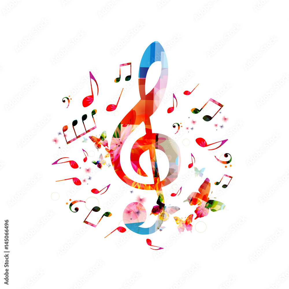 Music notes background. Colorful G-clef and music notes isolated vector ...