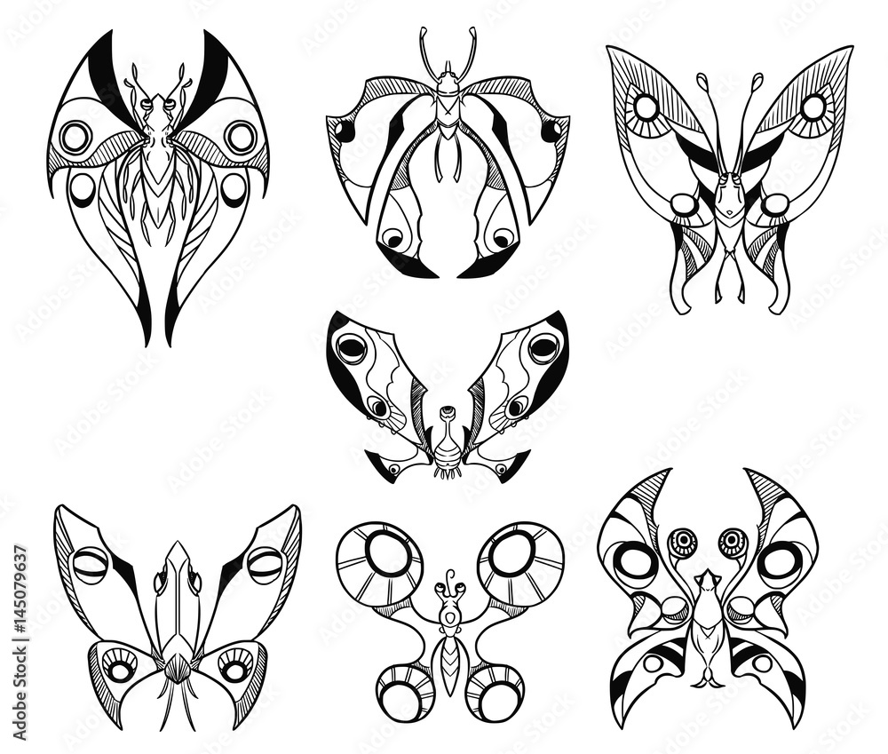 Set of Hand Drawn Cartoon Vector Butterfly Like Creatures in top Down ...