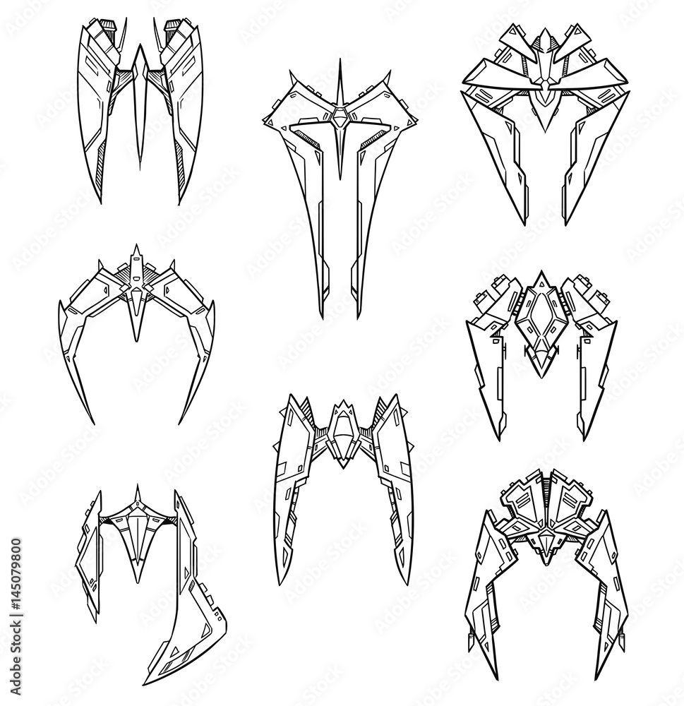 Set of Hand Drawn Cartoon Alien Space Ships Stock Vector | Adobe Stock