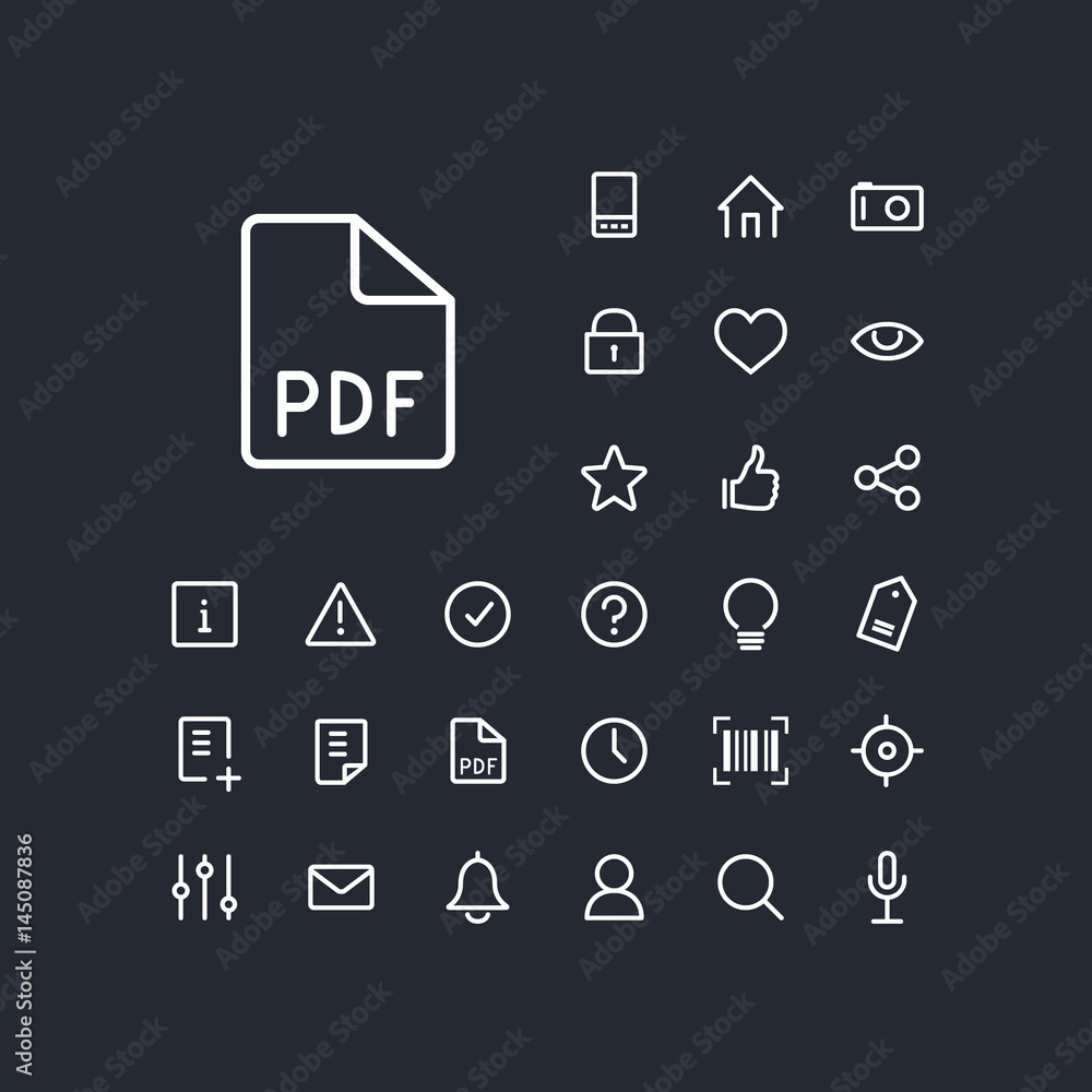 Document PDF icon in set on the black background. Universal linear ...