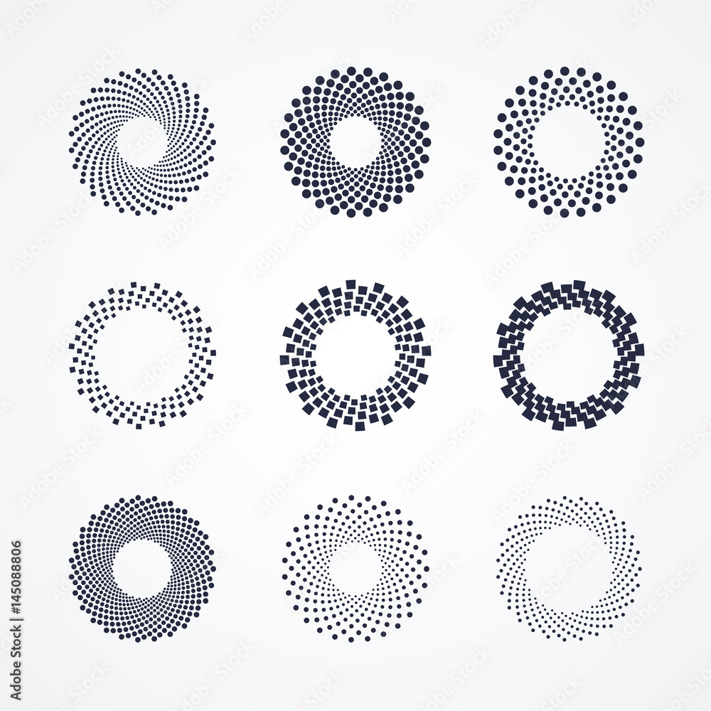 Halftone dots in circle shape. Round dotted logo design element. Black ...