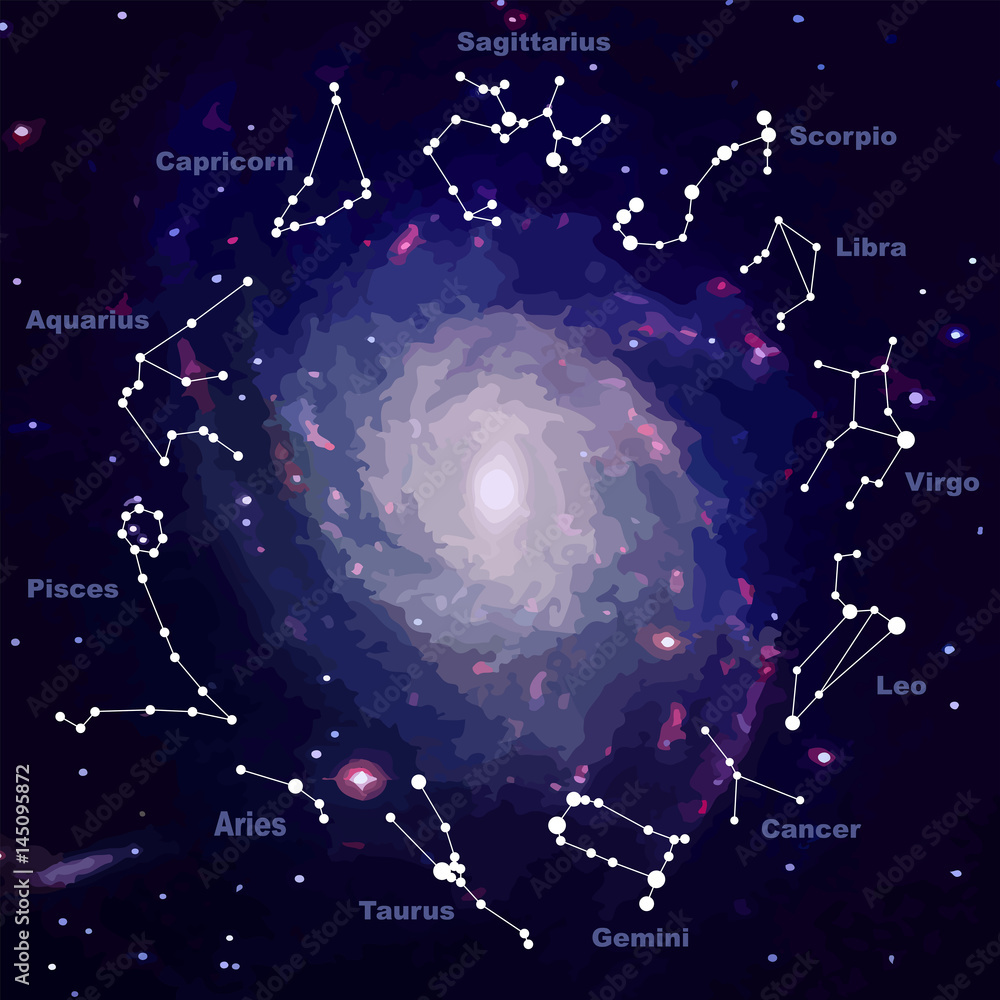 Raster illustration. Set of symbol zodiac sign, constellations, icons ...