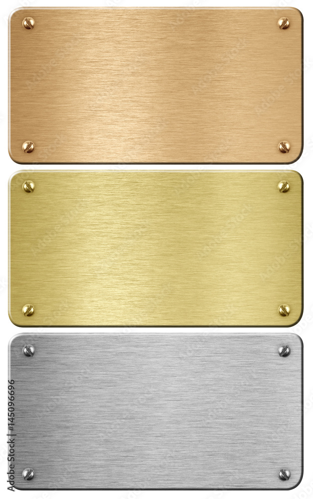 Steel, gold and bronze metal plaques with clipping path included 3d ...