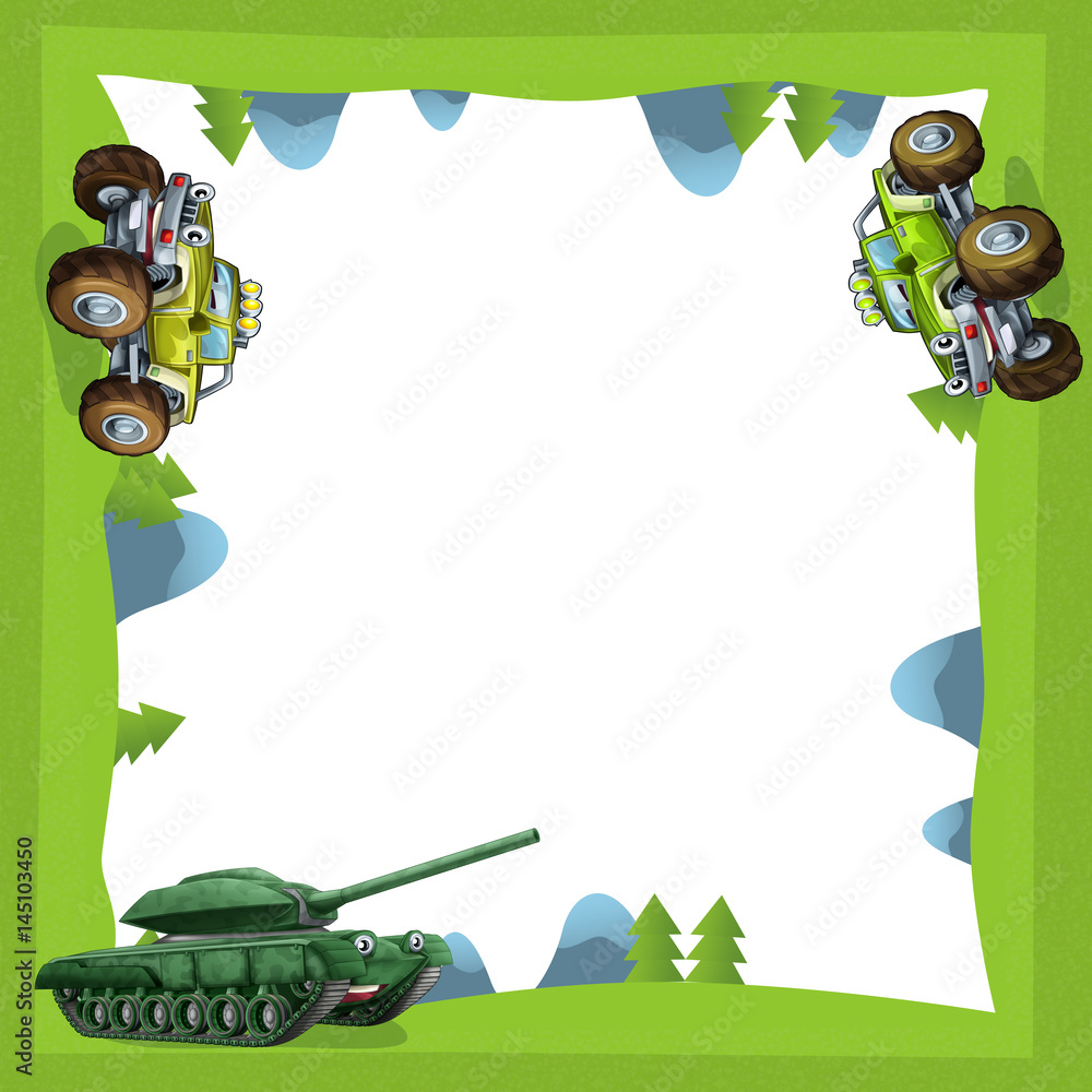 cartoon frame of a car truck and tank in the forest off road with space ...