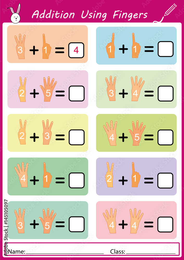 addition using fingers, math worksheet for kids Stock ベクター | Adobe Stock