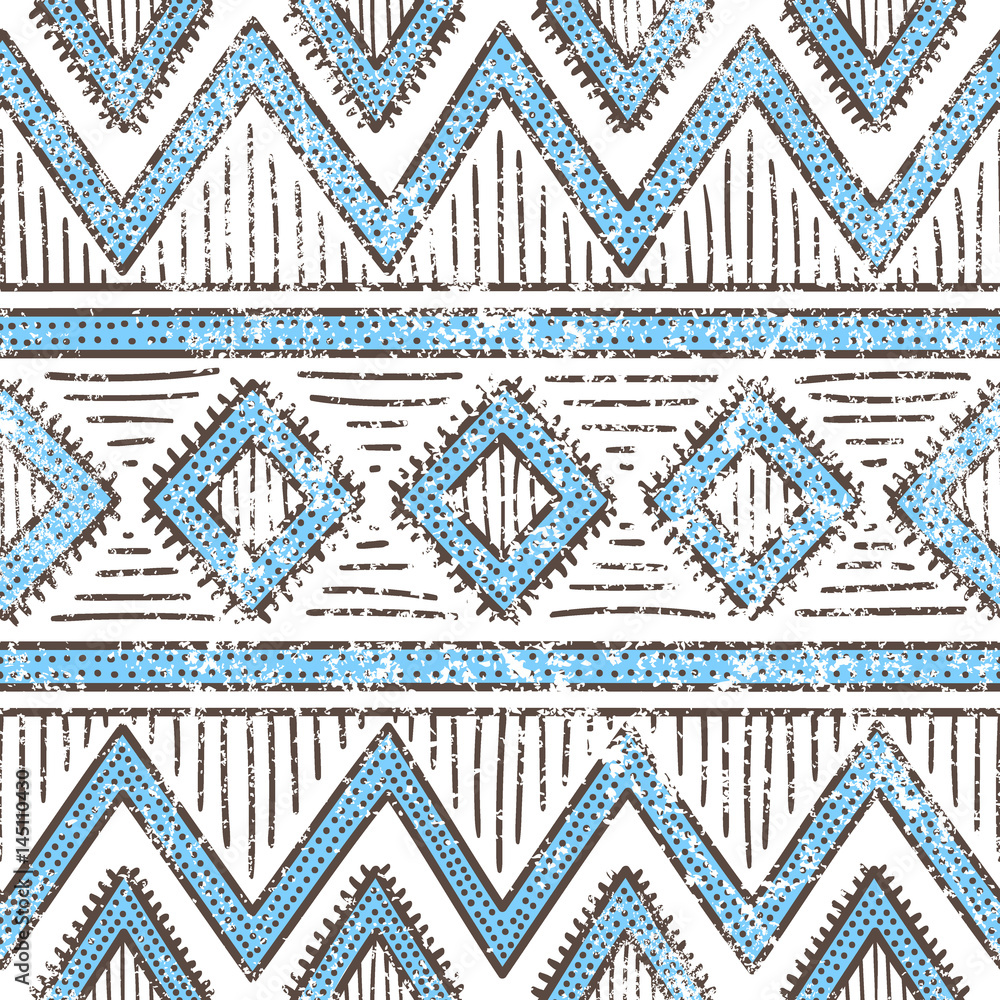 Seamless ethnic pattern. Aztec and tribal motifs. Grunge texture. Blue ...