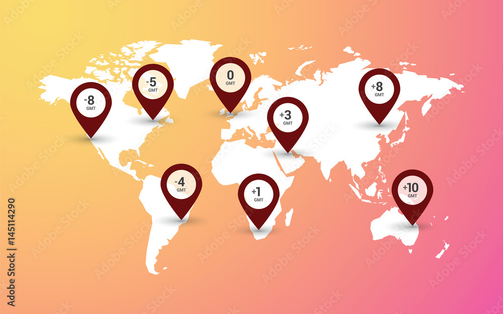 time zones with world map on modern color gradient background Stock ...