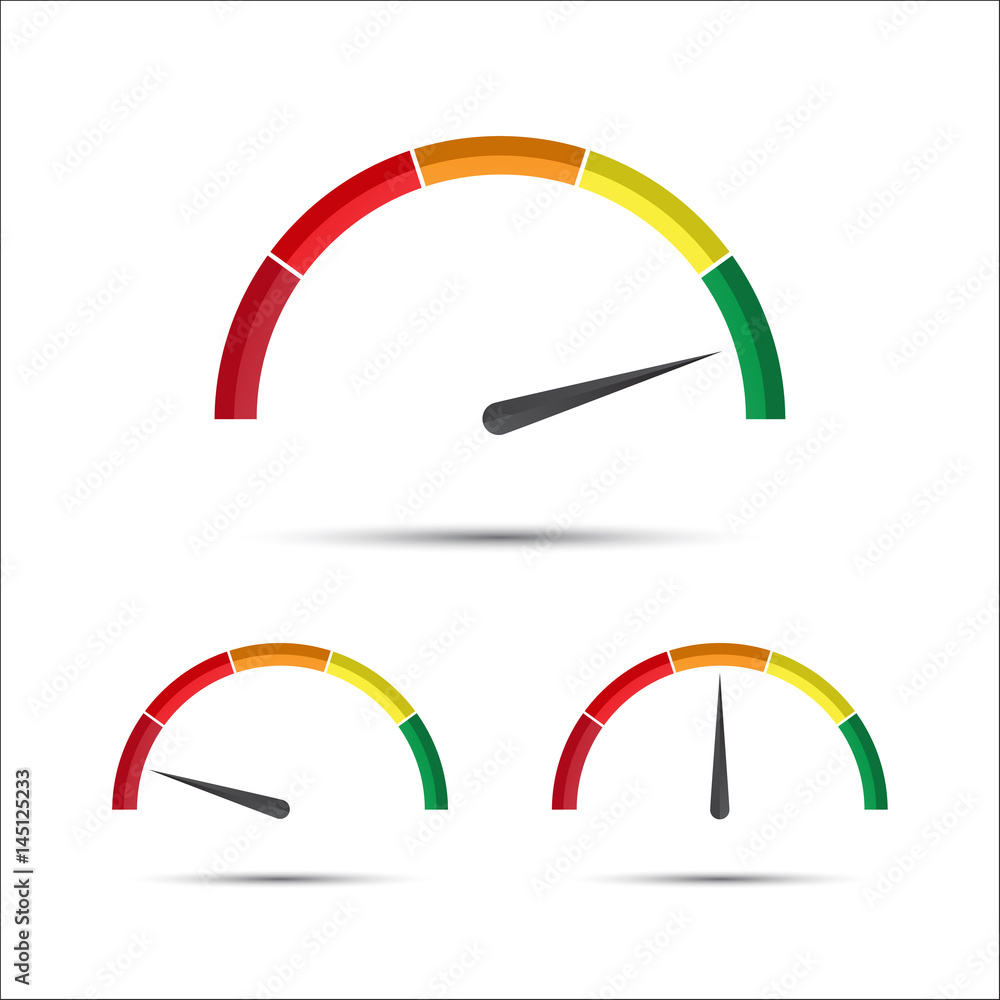 Set of simple vector tachometers with indicator in green, yellow and ...
