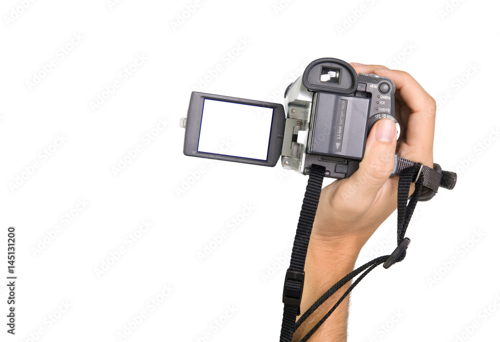 Male hand holding a camcorder camera with a cutout for photo isolated ...