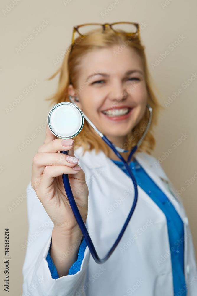 Beautiful woman in medical dressingbackground Stock Photo | Adobe Stock