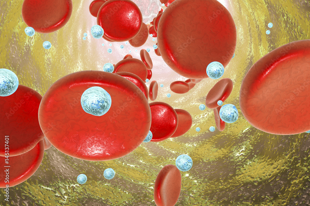 Nanoparticles in blood, 3D illustration. Conceptual image illustrating ...