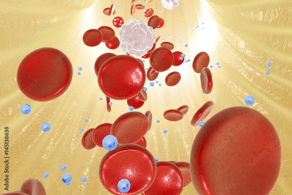Nanoparticles in blood, 3D illustration. Conceptual image illustrating ...
