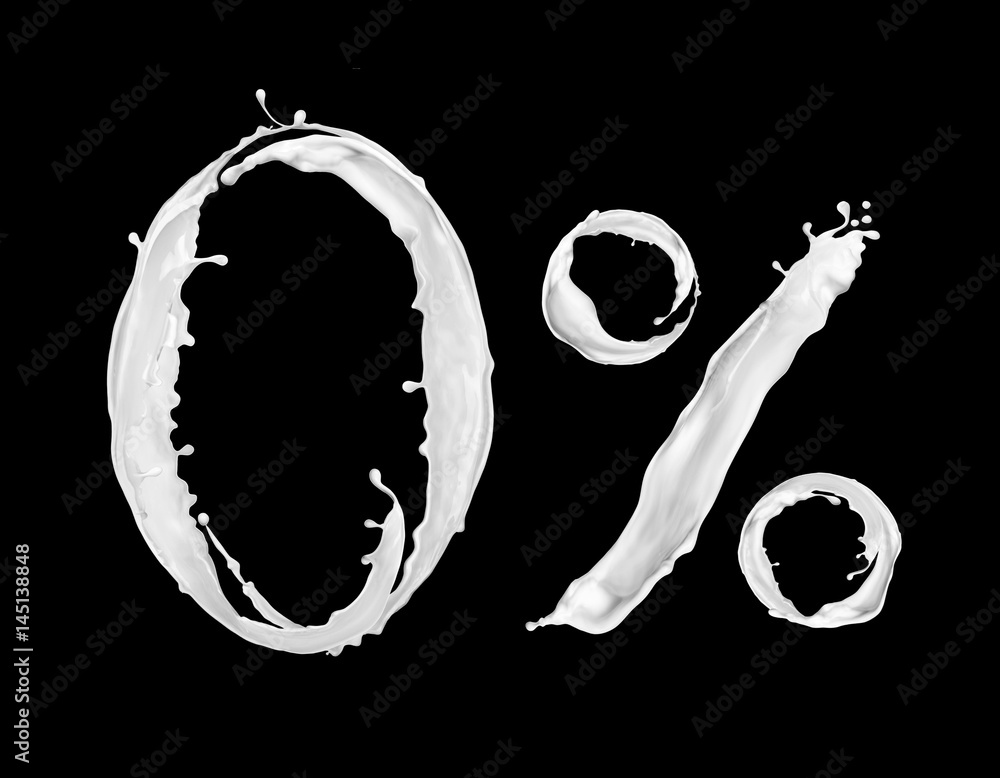 Number 0 and percent sign made with a splash of milk on black ...