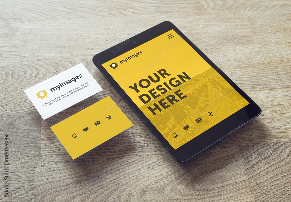 Tablet and Business Cards on Wooden Table Mockup 1 Stock Template ...
