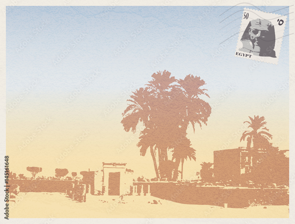 Luxor Egypt - old postcard. vector illustration. ancient ruins and palm ...