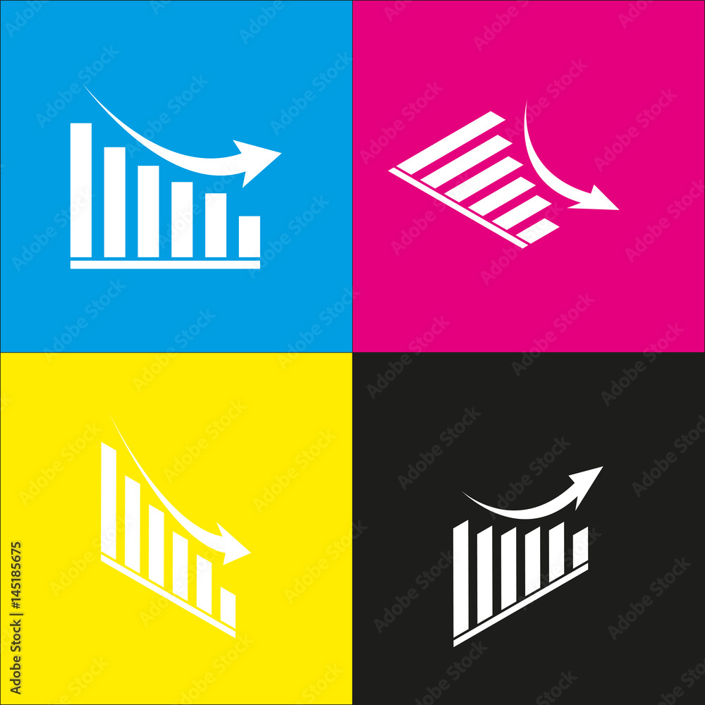 Declining graph sign. Vector. White icon with isometric projections on ...