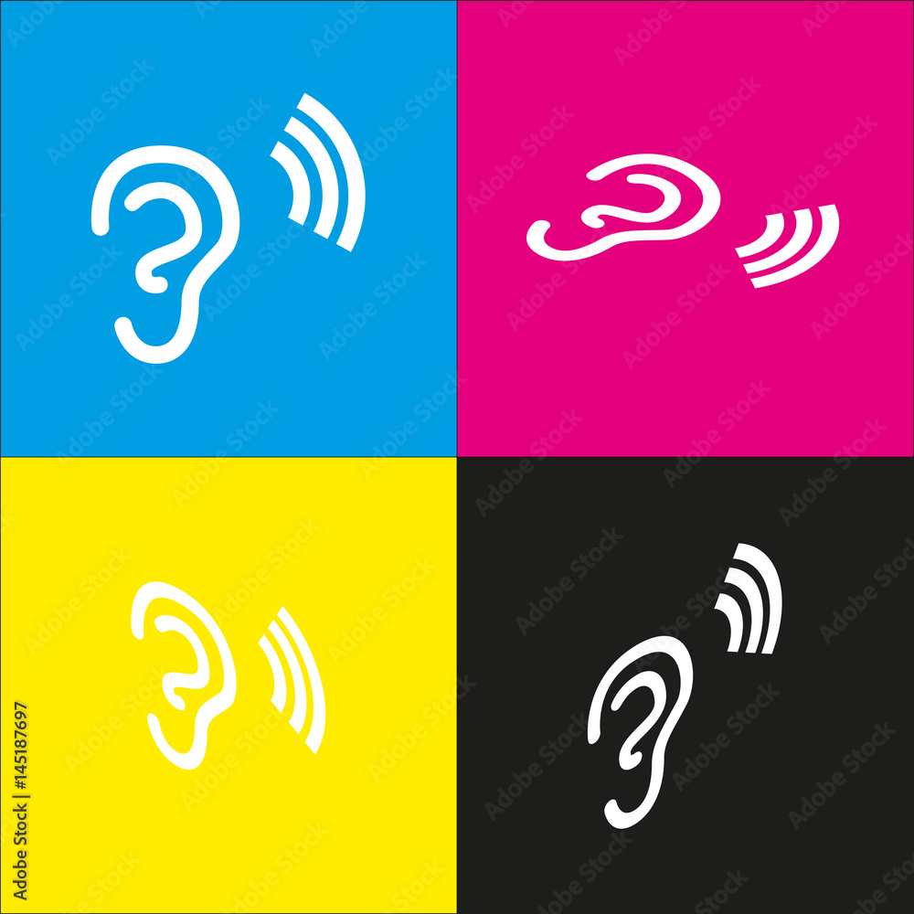 Human anatomy. Ear sign with soundwave. Vector. White icon with ...