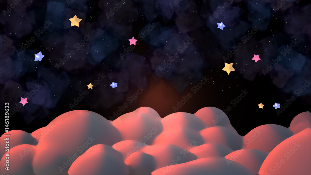 3d rendering picture of cartoon night sky with dark pink clouds and ...