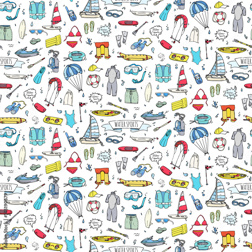 Seamless pattern hand drawn doodle Water sports icon set. Vector ...