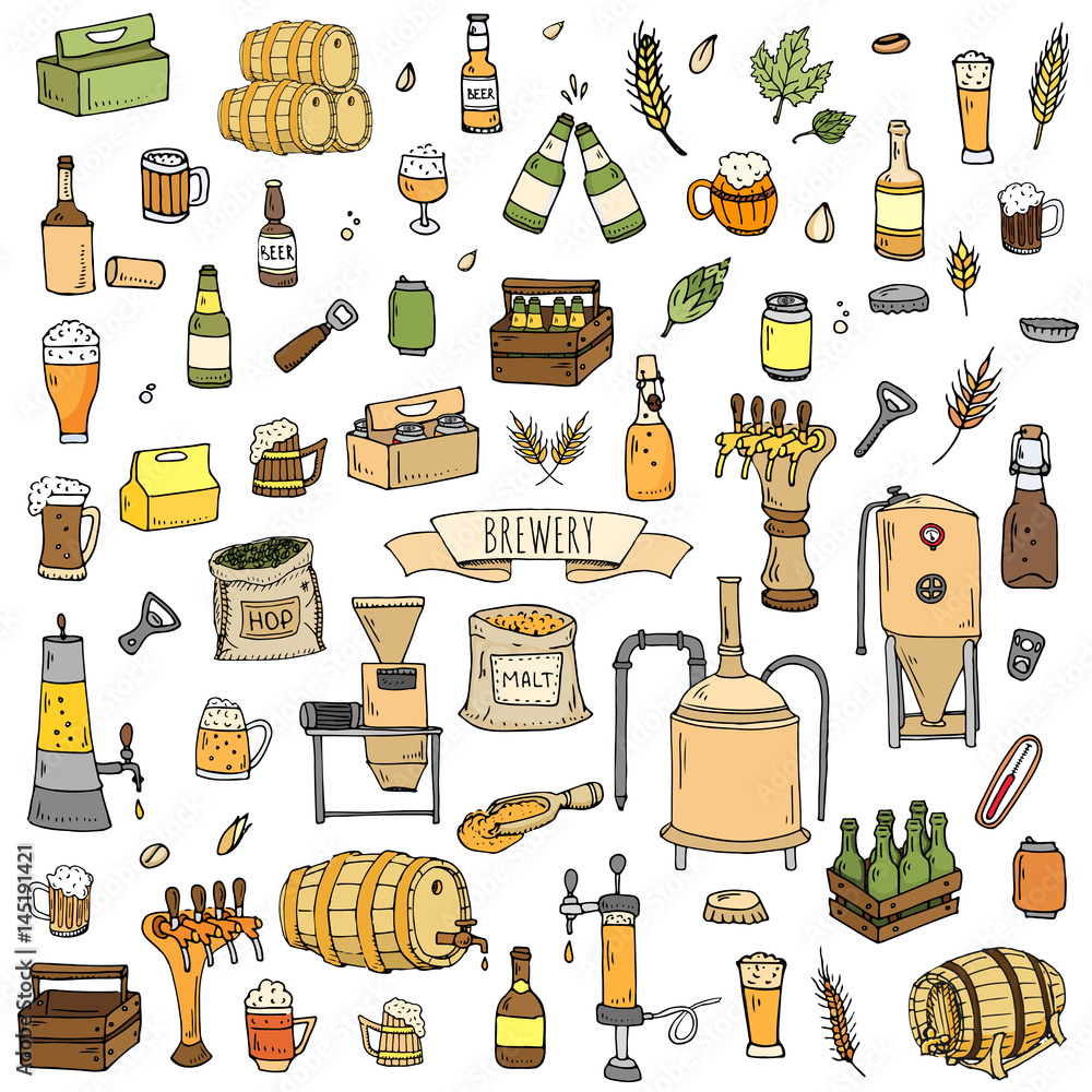 Hand drawn doodle set of Brewery icons. Vector illustration set ...
