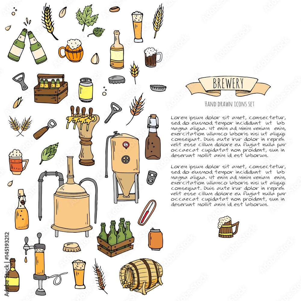Hand drawn doodle set of Brewery icons. Vector illustration set ...
