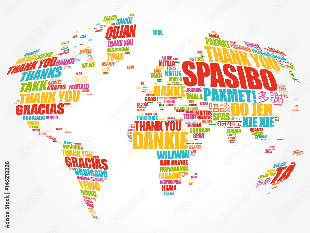 Thank You in many languages World Map in Typography word cloud ...