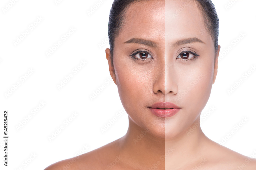 Woman face with half tan skin isolated on white background Stock Photo ...