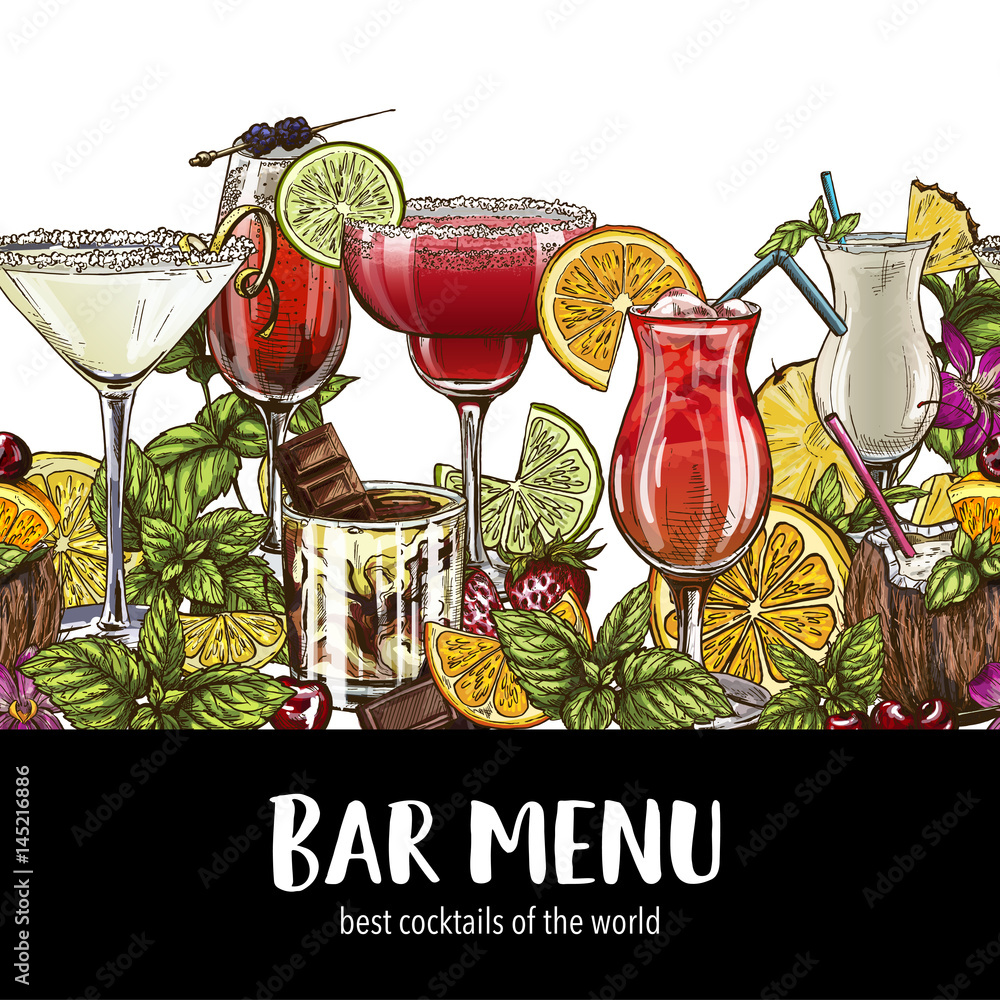 Bar menu, seamless cocktails border Stock Vector | Adobe Stock